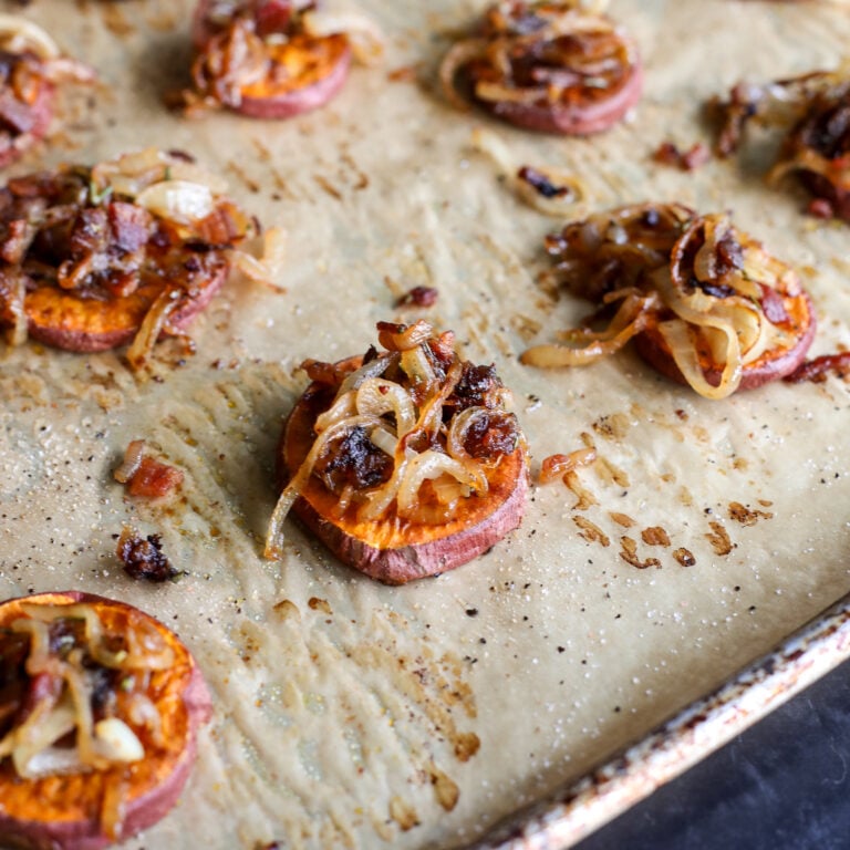 Caramelized Onion & Bacon Compote on Sweet Potato Crostini - Little ...