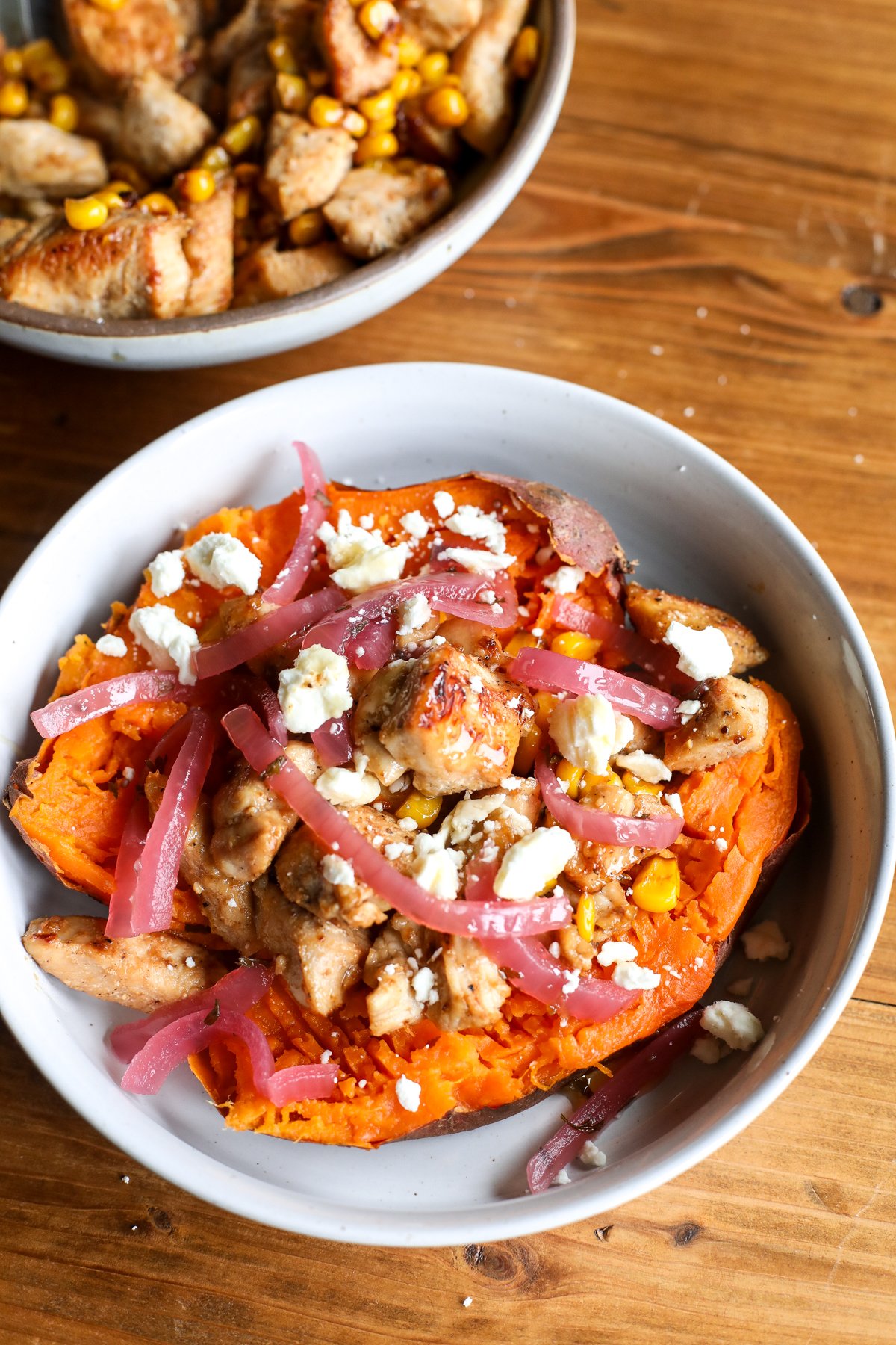 Hot Honey Chicken Stuffed Sweet Potatoes - Little Bits of Real Food