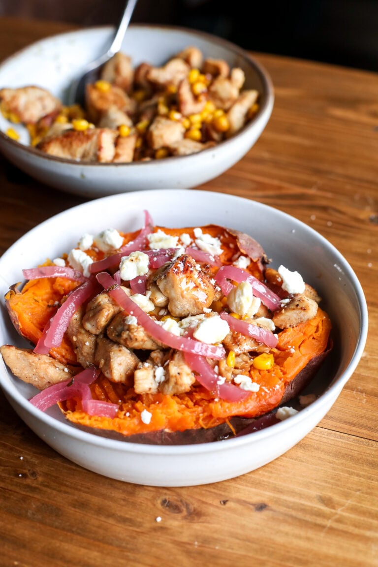 Hot Honey Chicken Stuffed Sweet Potatoes - Little Bits of Real Food
